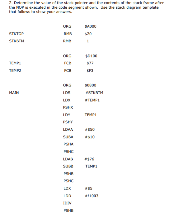2. Determine the value of the stack pointer and the | Chegg.com