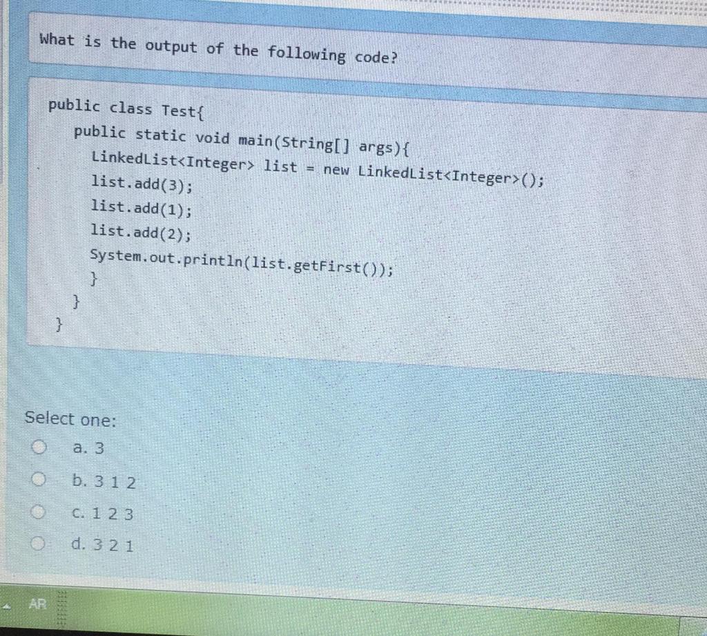 Solved What is the output of the following code? public | Chegg.com