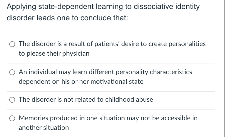 Solved Applying state-dependent learning to dissociative | Chegg.com