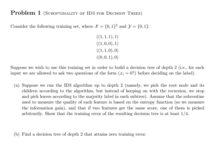 Problem 1 (SUBOPTIMALITY OF ID3 FOR DECISION TREES) | Chegg.com