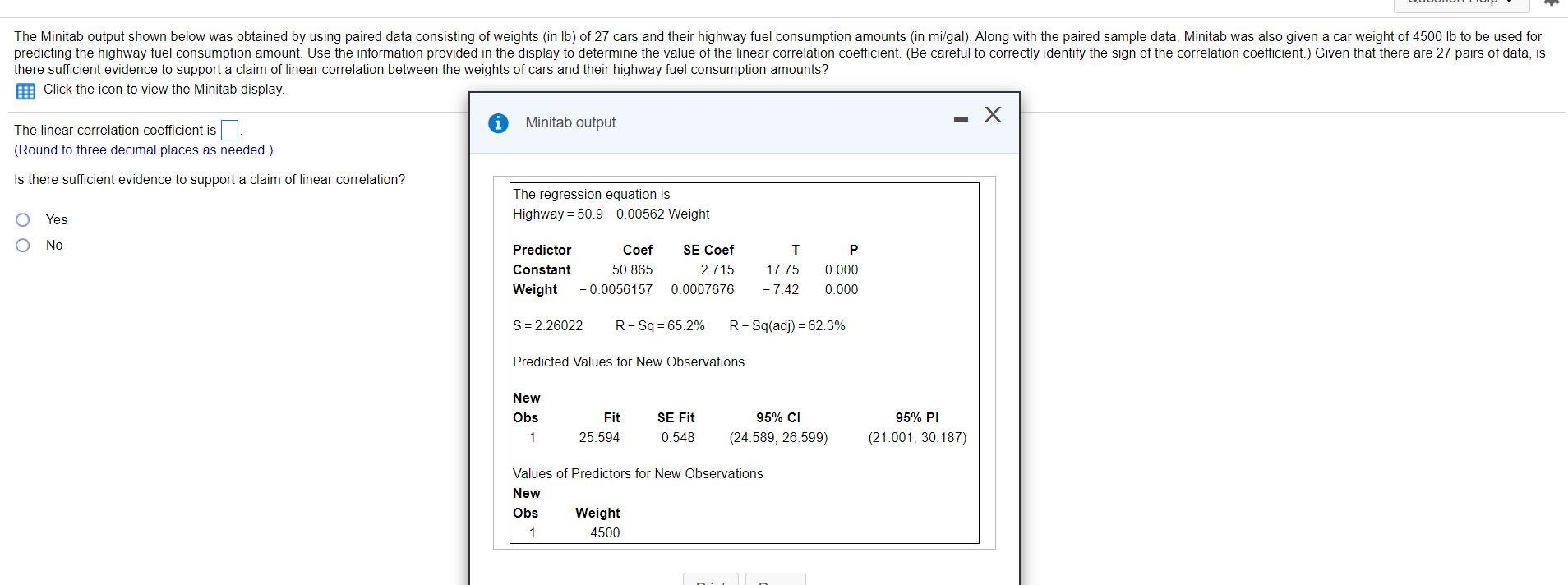 Solved The Minitab output shown below was obtained by using | Chegg.com
