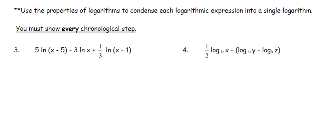 Solved ** ﻿Use the properties of logarithms to condense each | Chegg.com