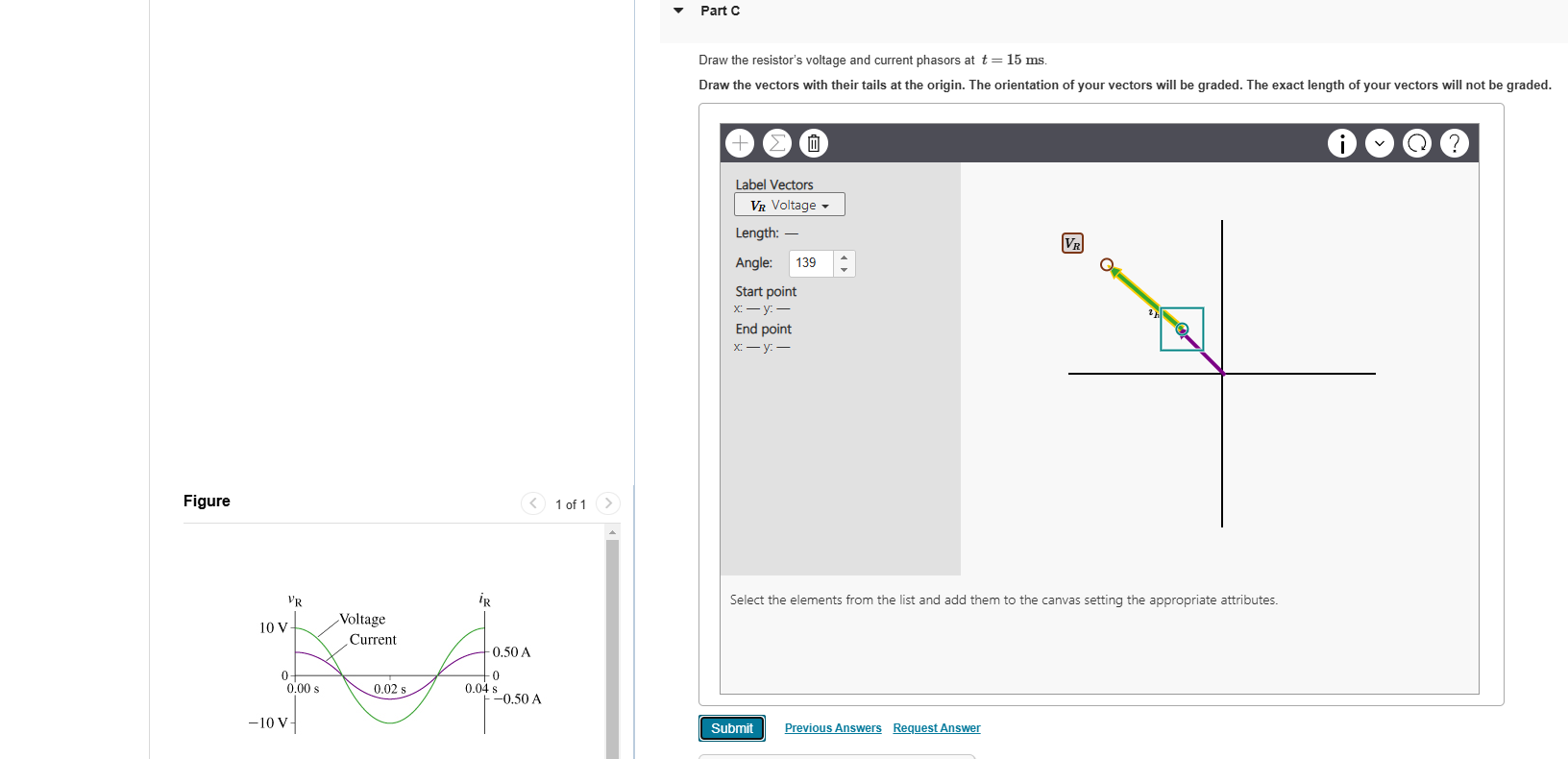 Solved Part CDraw the resistor's voltage and current phasors | Chegg.com