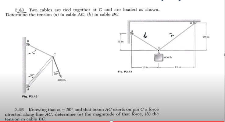 Solved 2.43 Two cables are tied together at C and are loaded | Chegg.com