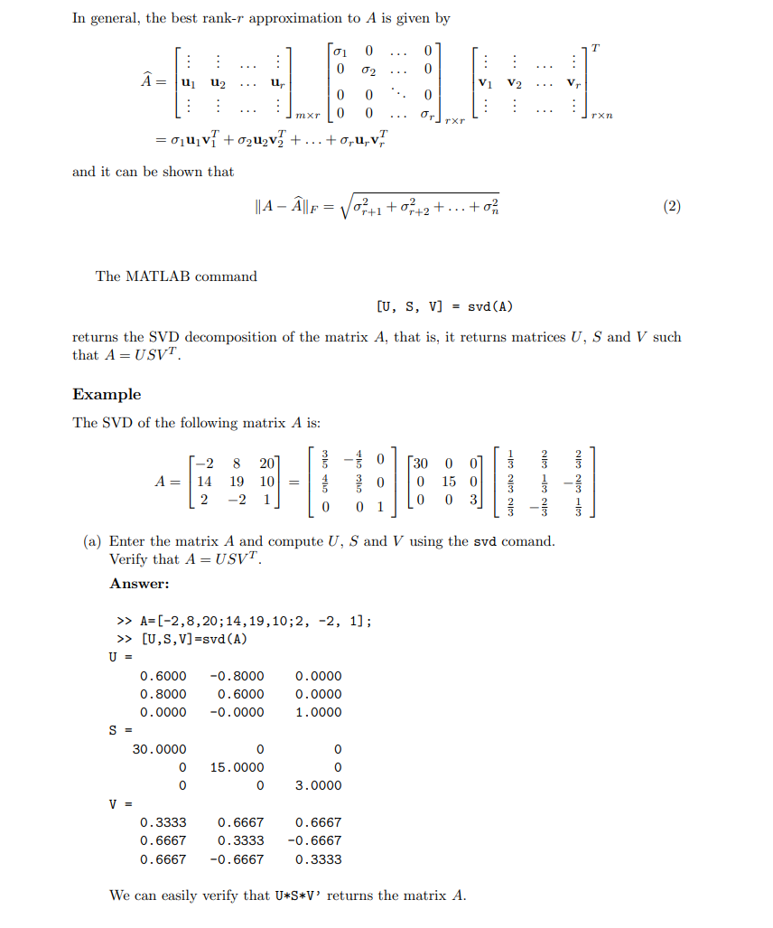 MAT 343 Laboratory 6 The SVD Decomposition and Image | Chegg.com