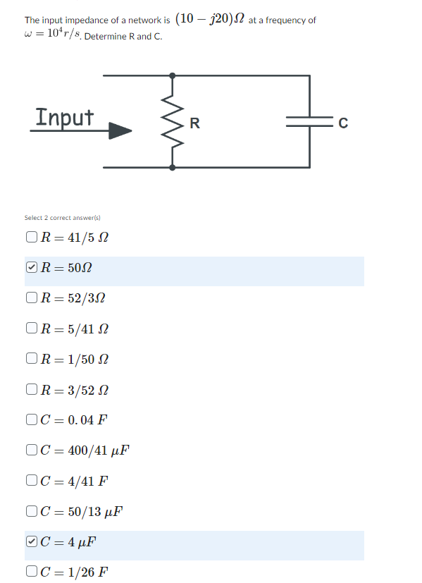 Solved The input impedance of a network is (10−j20)Ω at a | Chegg.com