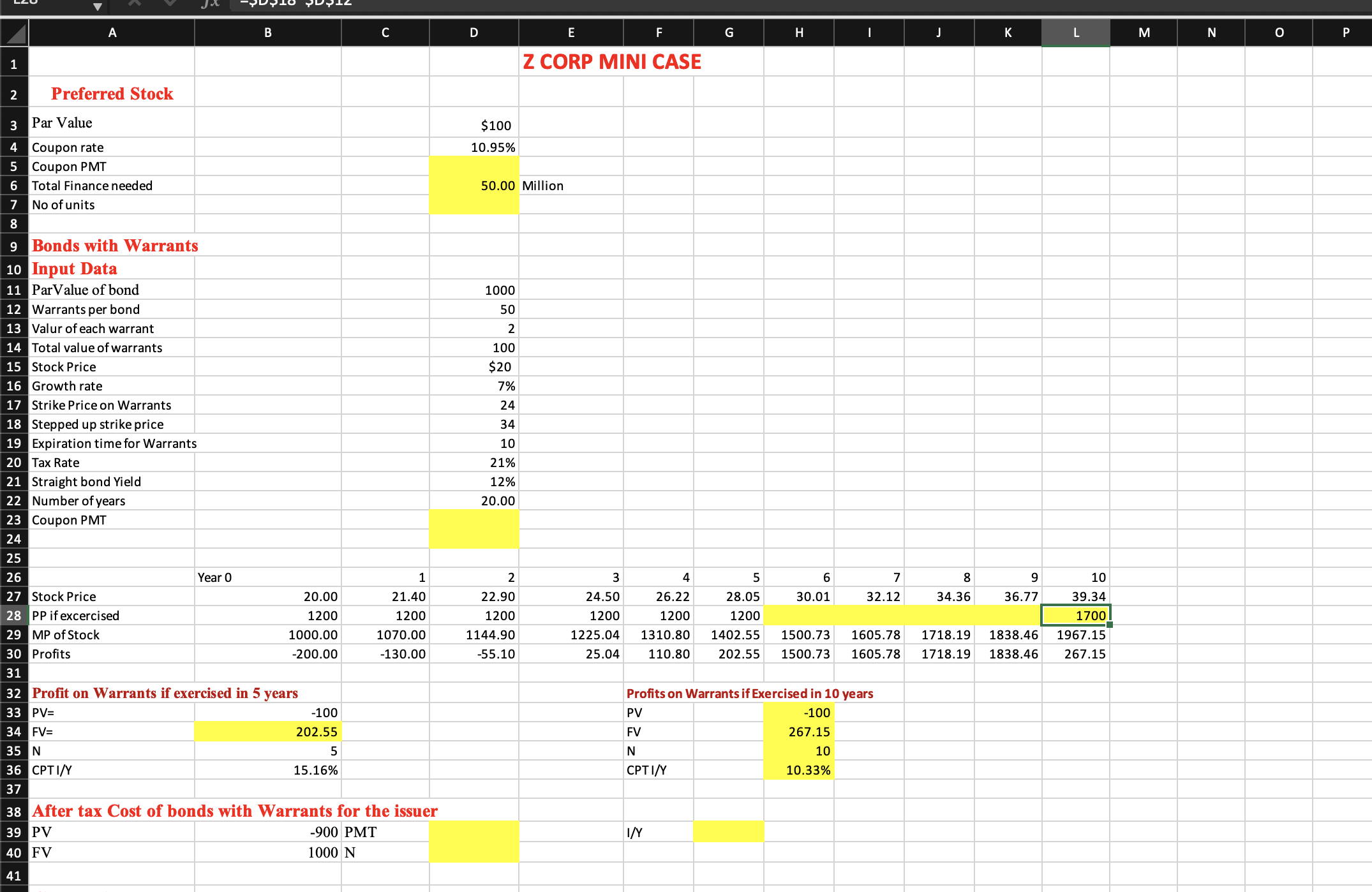 Solved Need excel formulas for the highlighted cells that | Chegg.com | Chegg.com