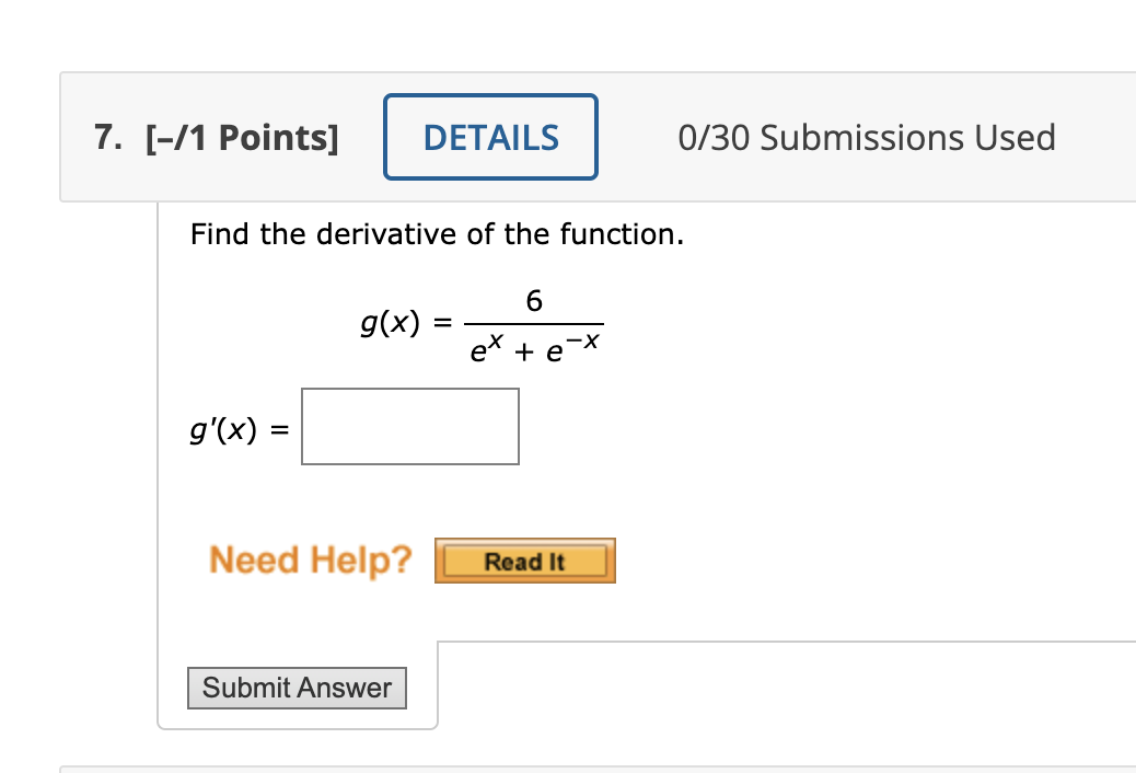 Solved /1 Points] 0/30 Submissions Used Find the derivative | Chegg.com