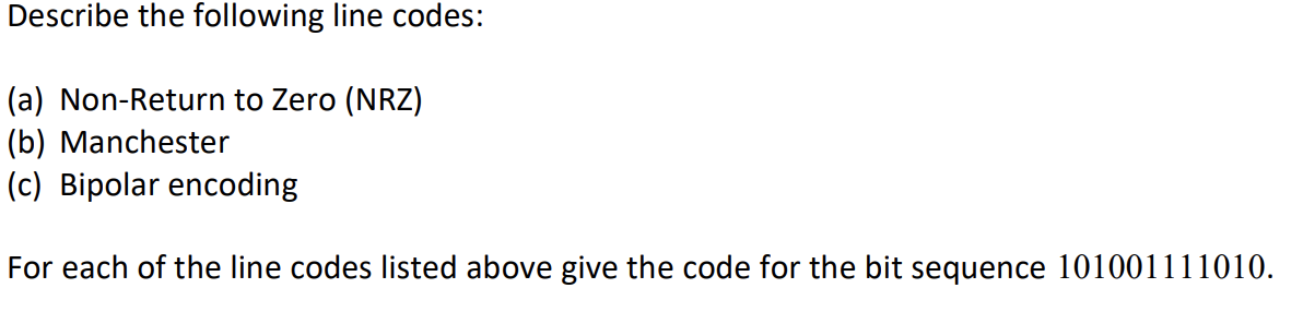 Solved Describe the following line codes: (a) Non-Return to | Chegg.com