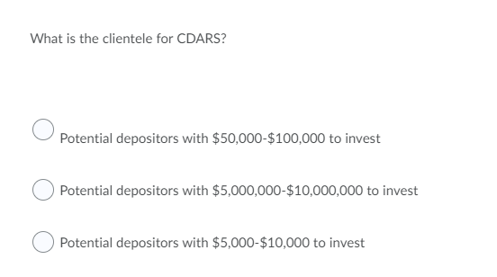 Solved What is the clientele for CDARS? Potential depositors | Chegg.com