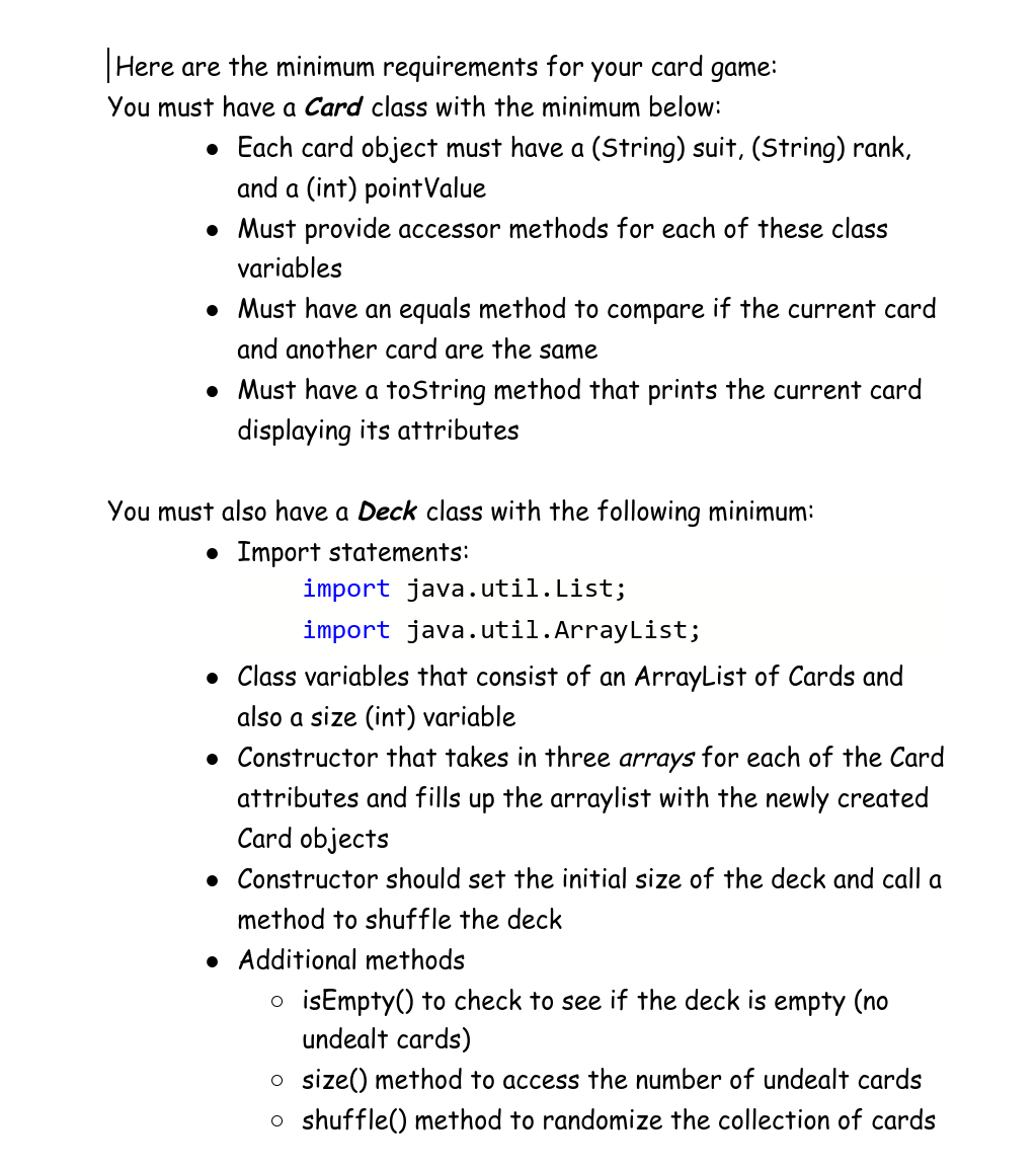 Solved Here are the minimum requirements for your card game: | Chegg.com