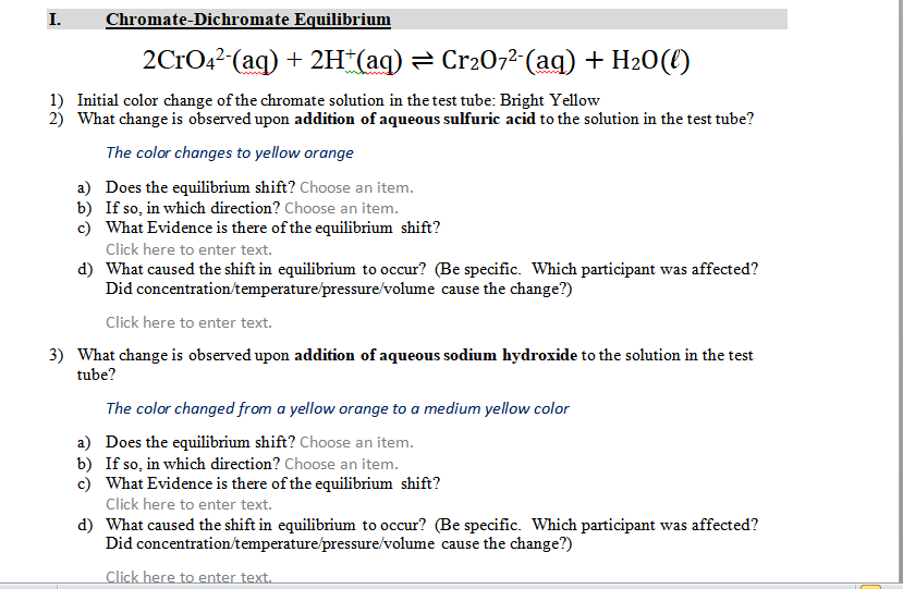 Solved I. Chromate-Dichromate Equilibrium 2CrO42-(aq) + 2H+ | Chegg.com