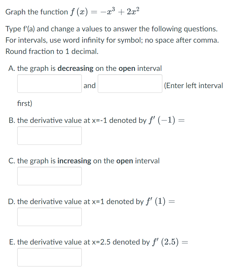 Graph the function f(x)=-x3+2x2Type f'(a) ﻿and change | Chegg.com
