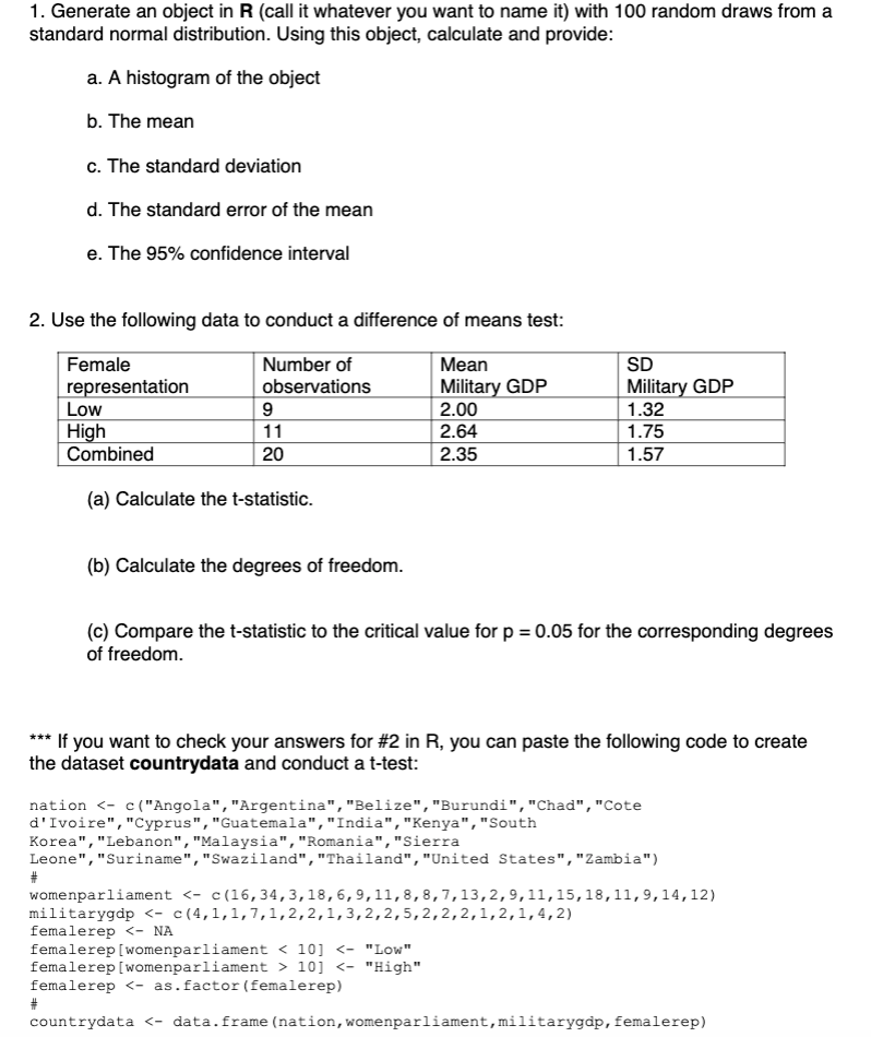 Solved 1. Generate an object in R (call it whatever you want | Chegg.com