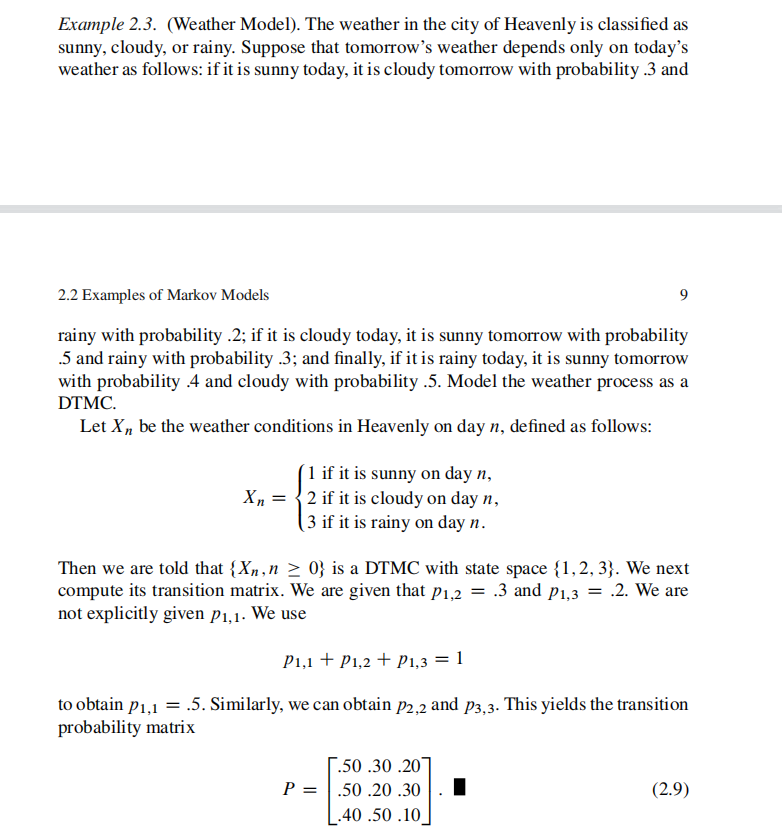 Solved 2.10. Consider the weather model of Example 2.3. | Chegg.com