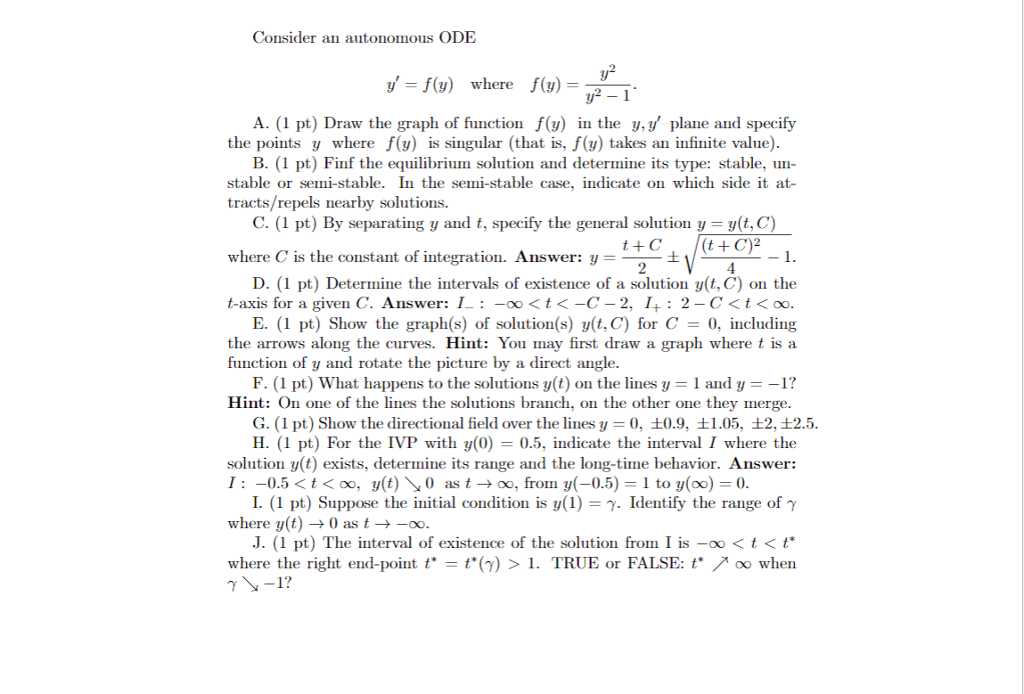 Solved Consider an autonomous ODE v'=f(y) where f(y) = A. (1 | Chegg.com
