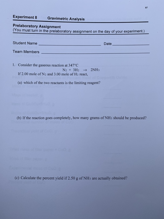 Solved 87 Experiment 8 Gravimetric Analysis Prelaboratory | Chegg.com