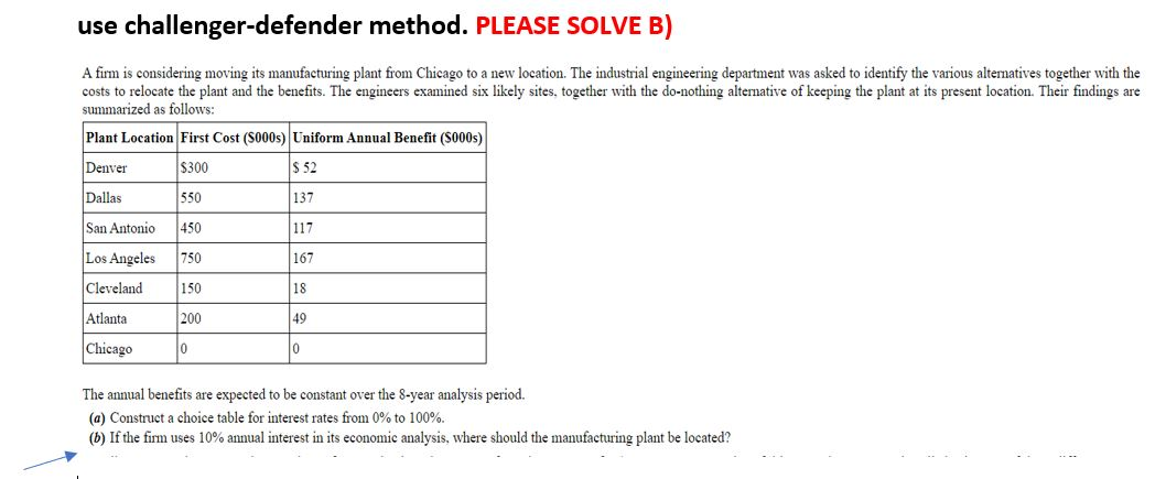 Solved use challenger-defender method. PLEASE SOLVE B) A | Chegg.com