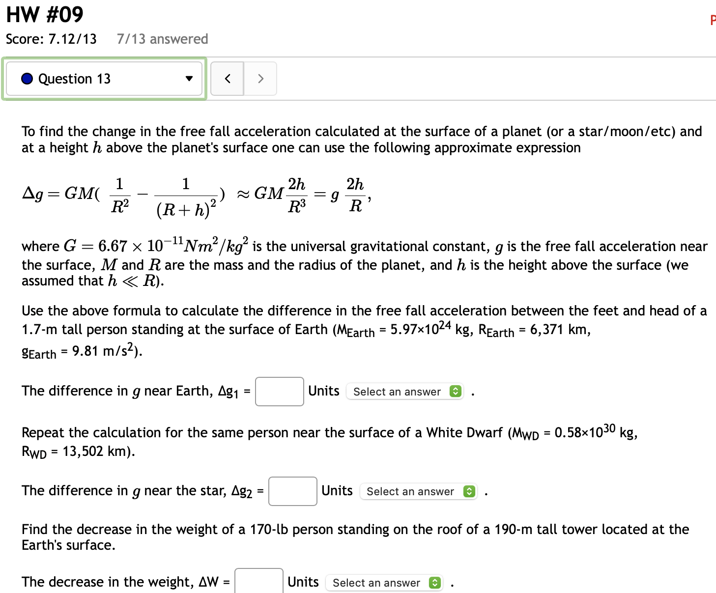 Solved To find the change in the free fall acceleration | Chegg.com