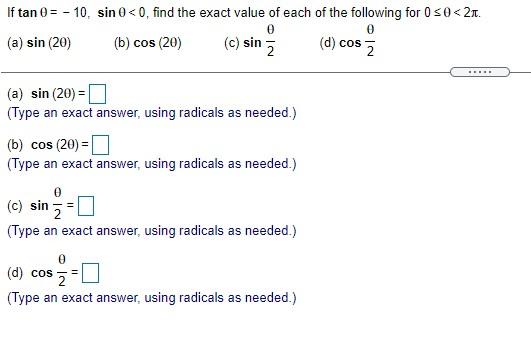 Solved If tan 0 = - 10. sin 0