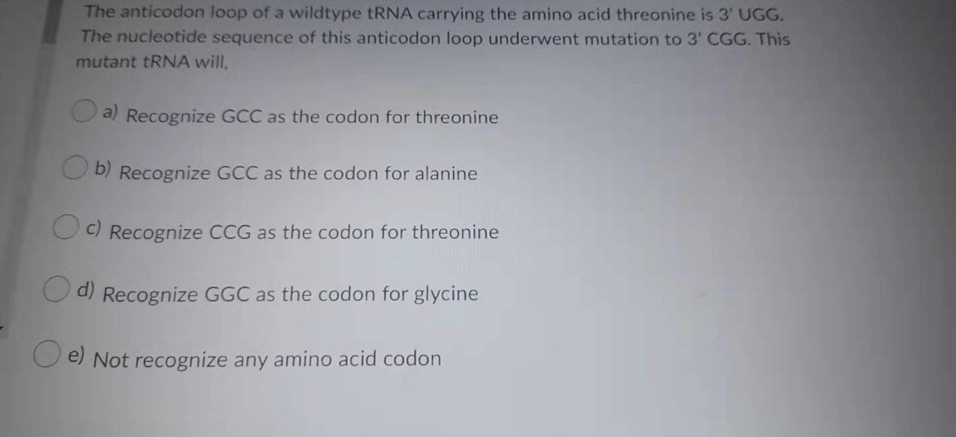 Solved The anticodon loop of a wildtype tRNA carrying the | Chegg.com