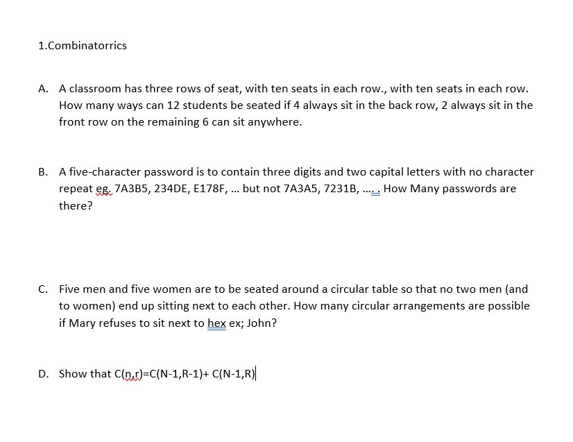 Solved 1.Combinatorrics A classroom has three rows of seat, | Chegg.com