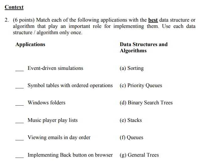 Solved Context 2. (6 points) Match each of the following | Chegg.com