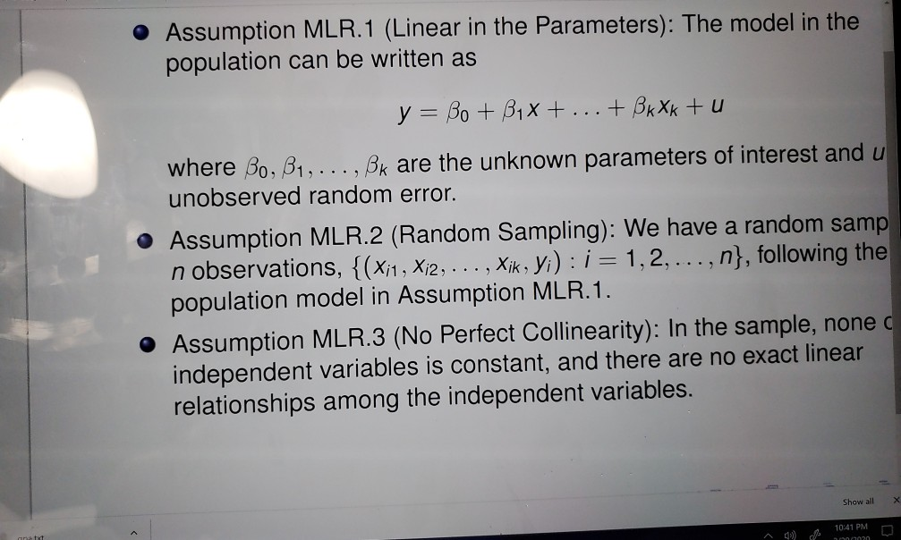 Solved • Assumption MLR.1 (Linear in the Parameters): The | Chegg.com Solved • Assumption MLR.1 (Linear in the Parameters): The | Chegg.com