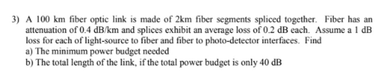 Solved 3) A 100 km fiber optic link is made of 2 km fiber | Chegg.com