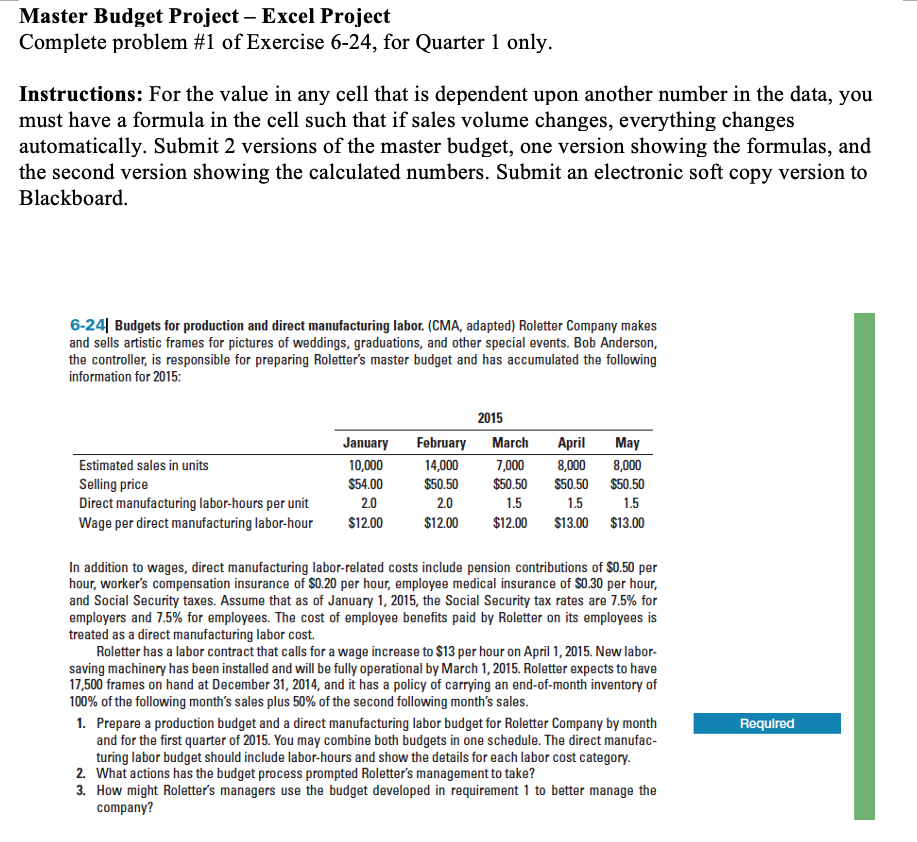 Master Budget Project – Excel Project Complete | Chegg.com