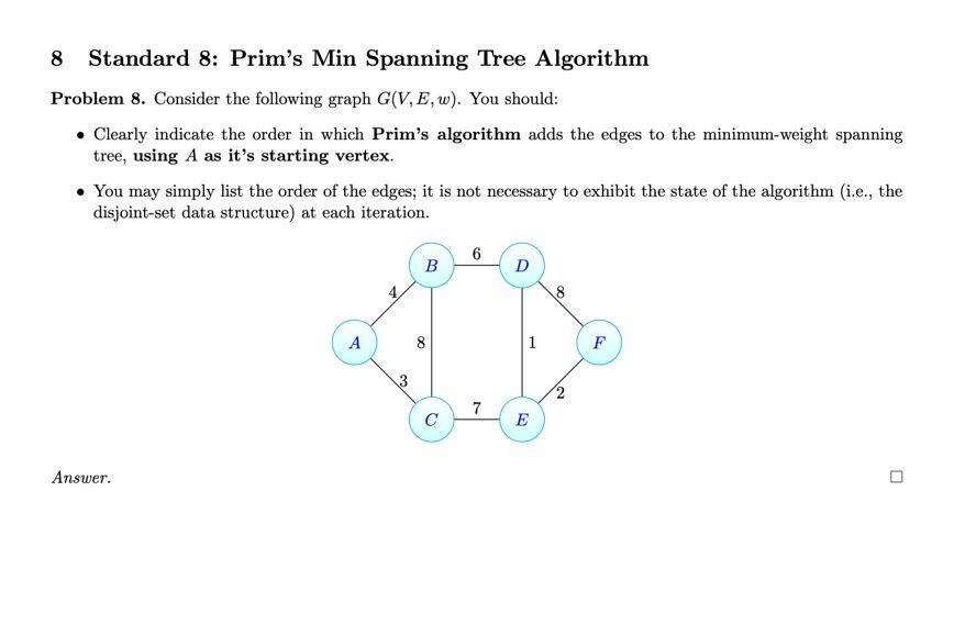 Solved 8 Standard 8: Prim's Min Spanning Tree Algorithm | Chegg.com