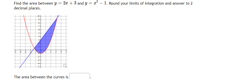 Solved Find the area between y=2x+3 and y=x2−1. Round your | Chegg.com