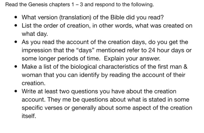 Read the Genesis chapters 1 3 and respond to the | Chegg.com