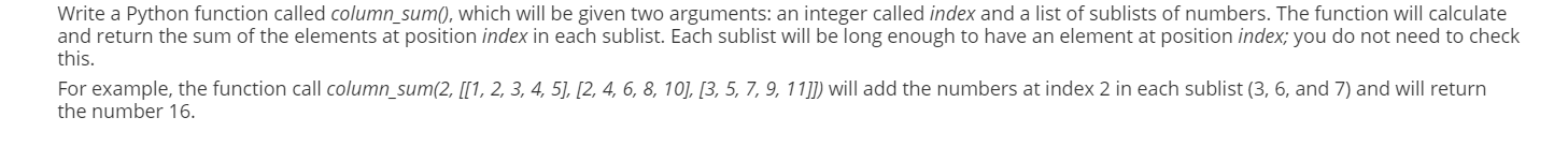 Solved Write a Python function called column_sum(), which | Chegg.com
