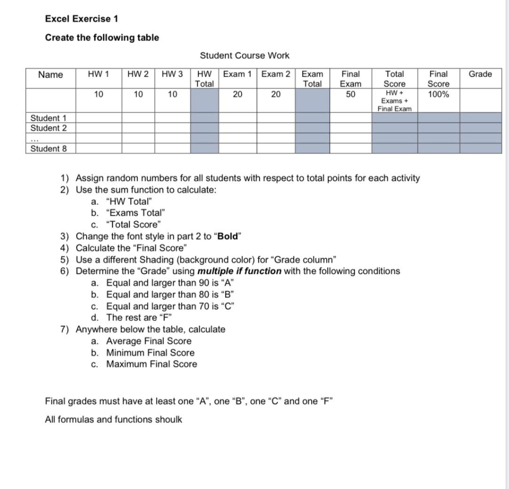 Solved Excel Exercise 1 Create the following table Student | Chegg.com