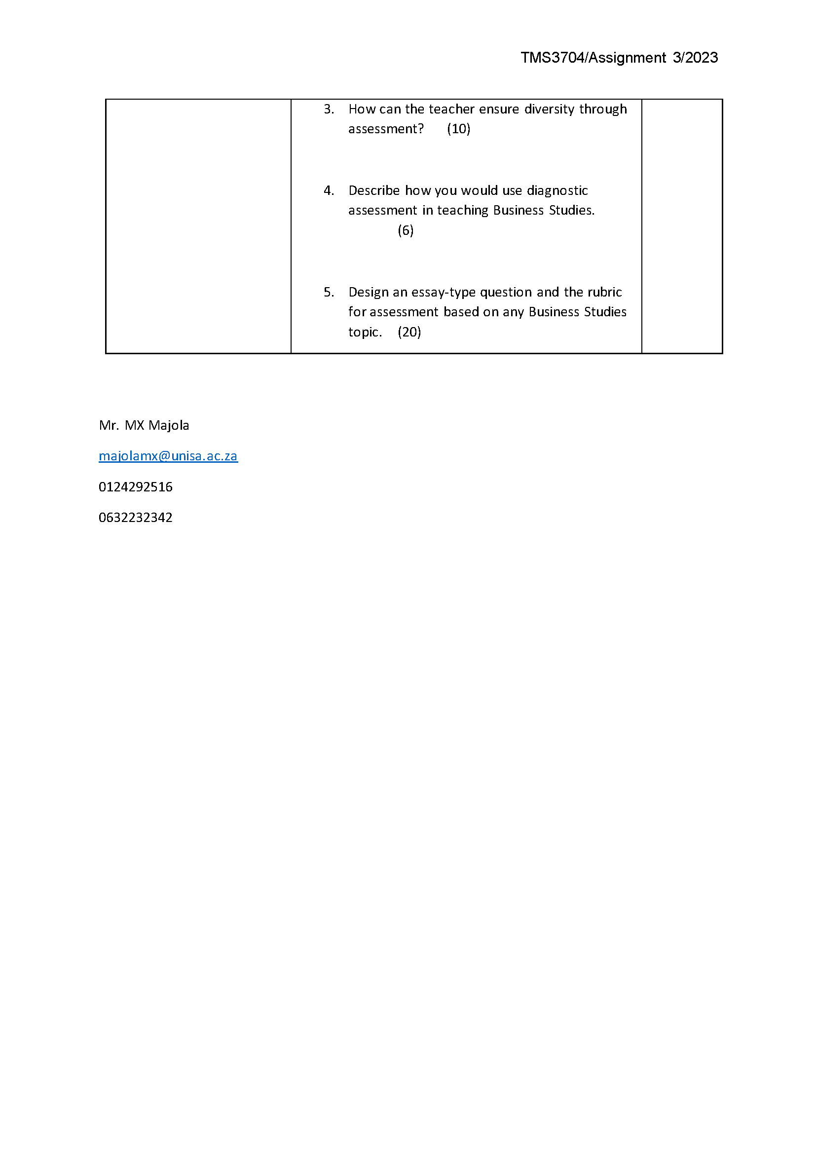 Solved TMS 3704 Year module DEPARTMENT: CURRICULUM AND | Chegg.com