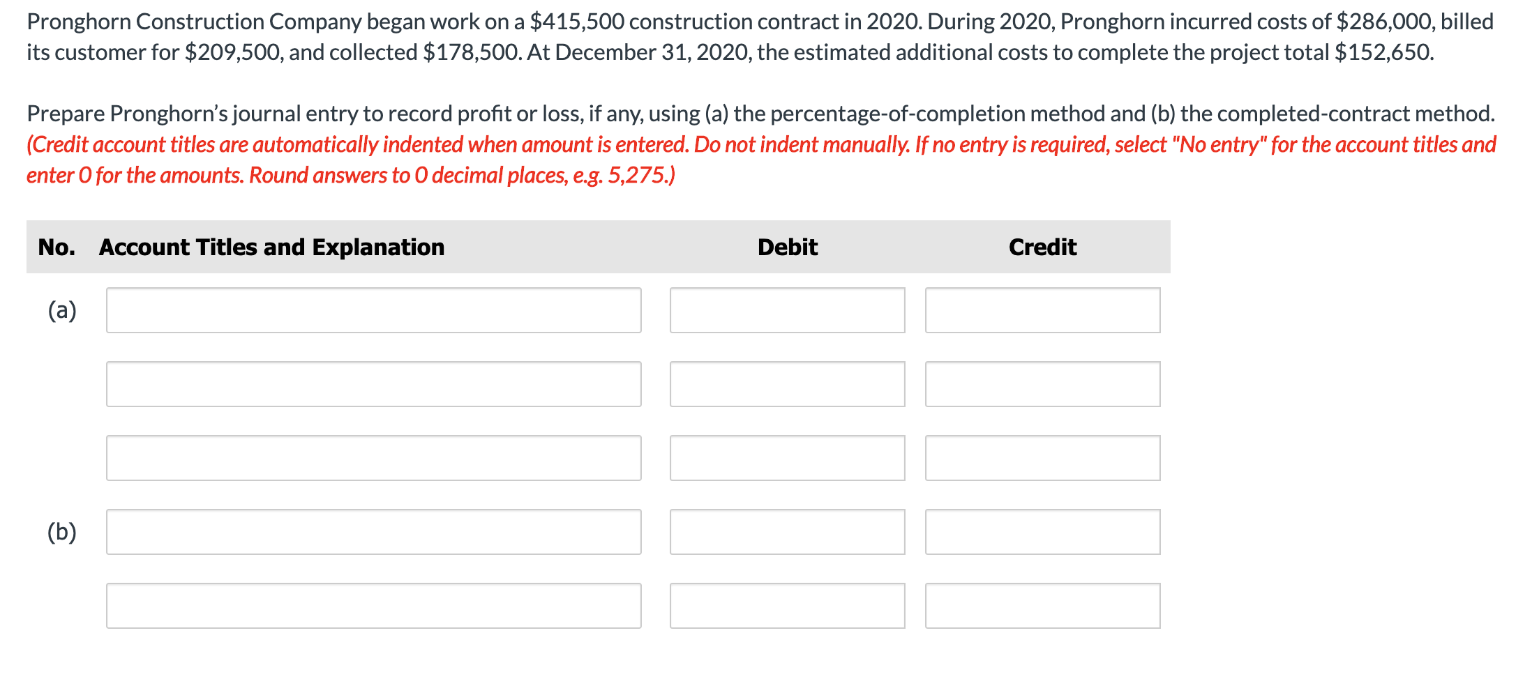 Solved Pronghorn Construction Company began work on a | Chegg.com