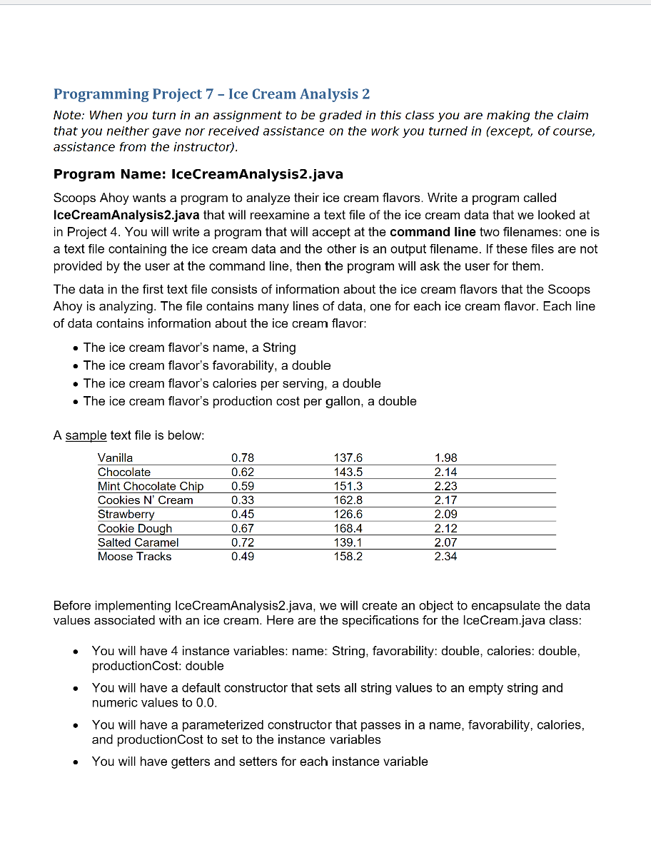 Programming Project 7 - Ice Cream Analysis 2 Note: | Chegg.com