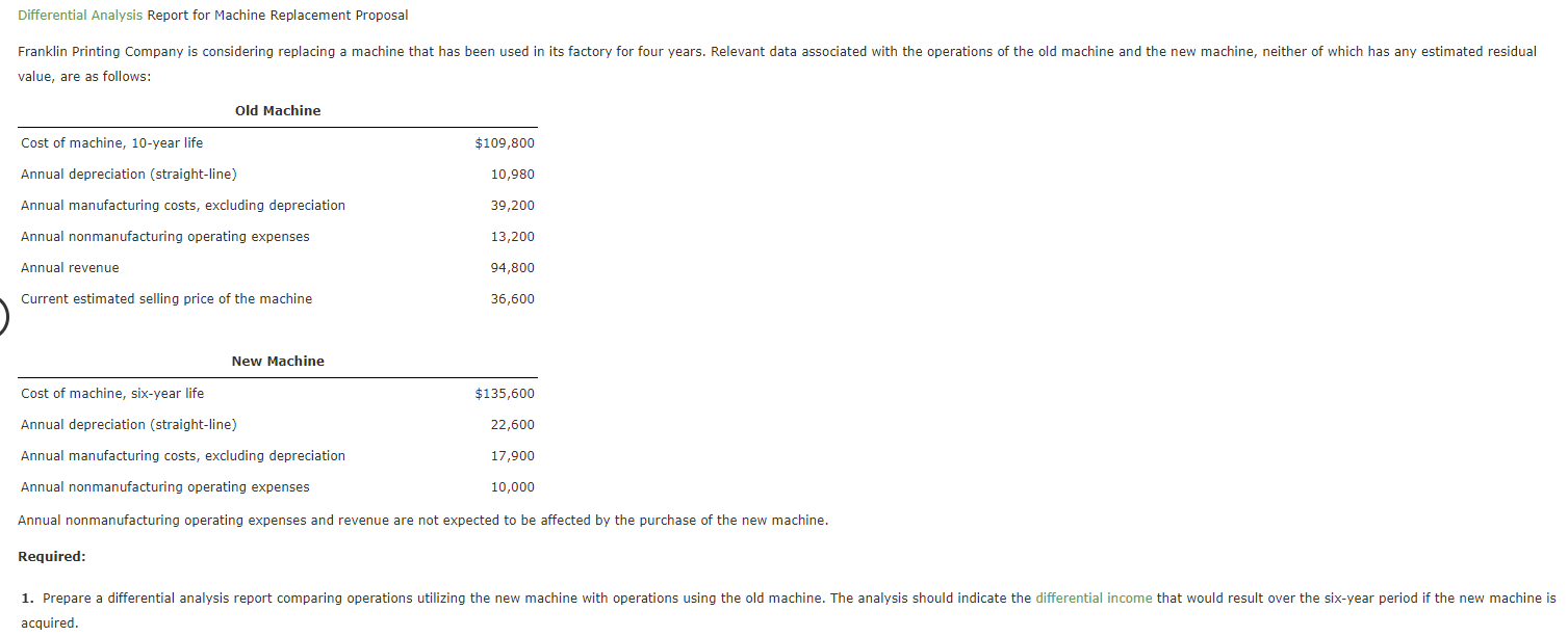 Solved Differential Analysis Report for Machine Replacement | Chegg.com