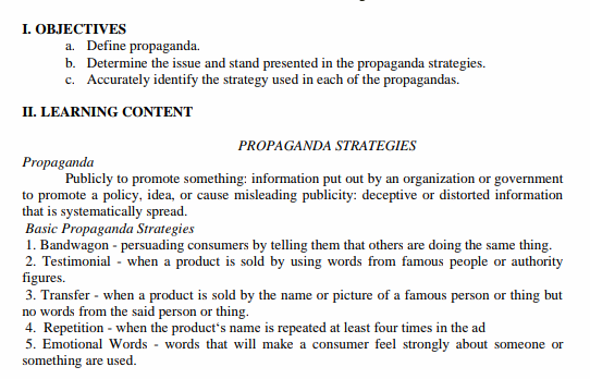 I. OBJECTIVES a. Define propaganda. b. Determine the | Chegg.com