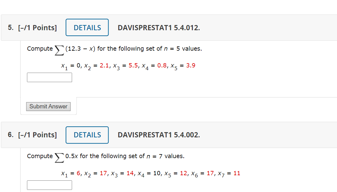 Solved 1 Points] DAVISPRESTAT1 5.4.012. Compute ∑(12.3−x) | Chegg.com