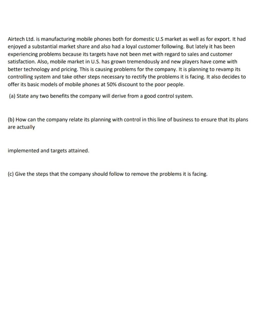 Airtech Ltd. is manufacturing mobile phones both for | Chegg.com