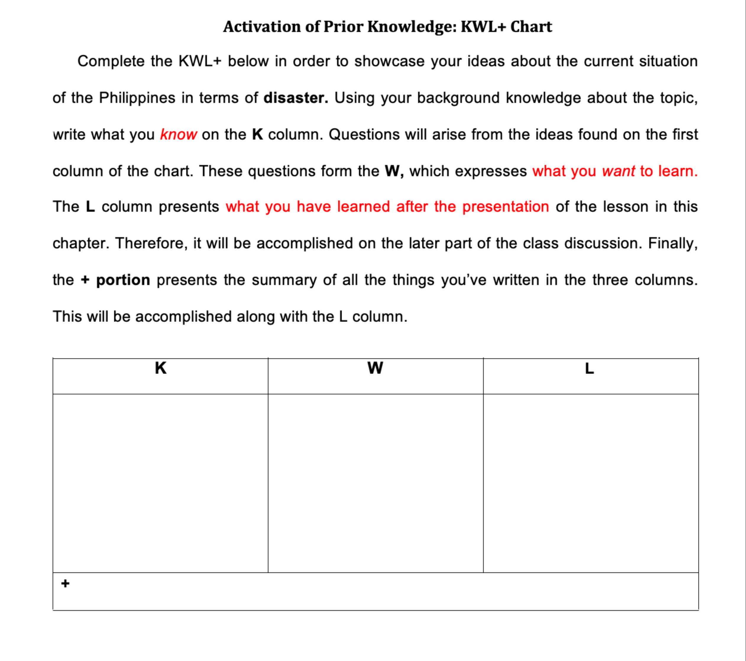 Solved Activation of Prior Knowledge: KWL+ ﻿ChartComplete | Chegg.com