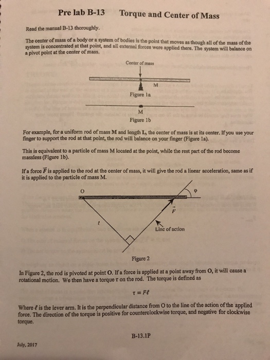 Solved Pre Lab B 13 Torque And Center Of Mass Read The