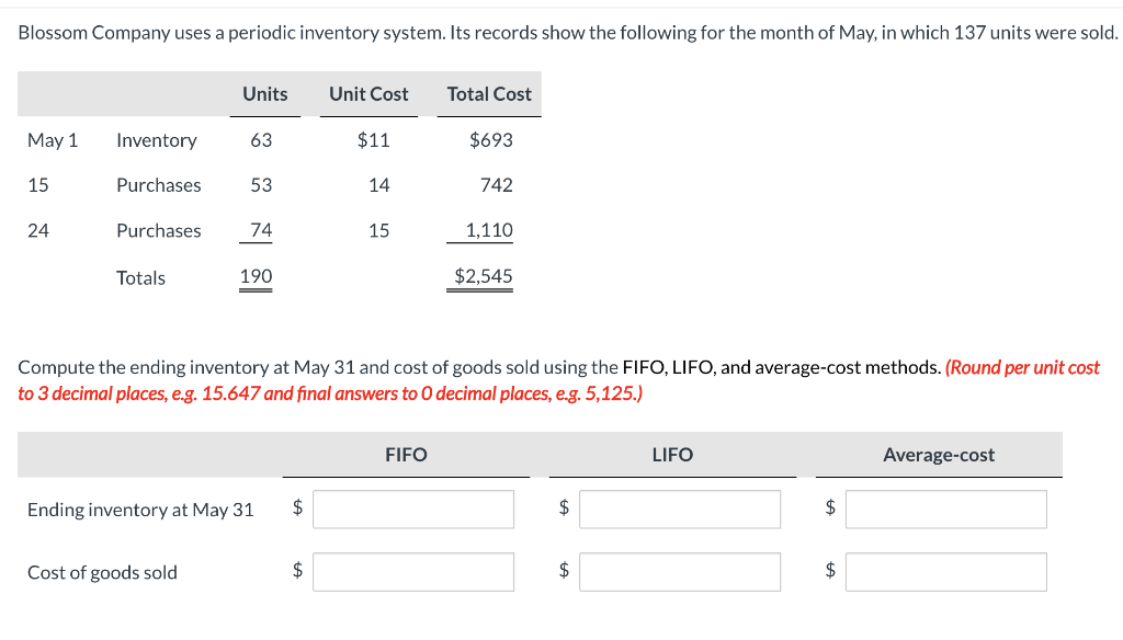 Solved Blossom Company uses a periodic inventory system. Its | Chegg.com