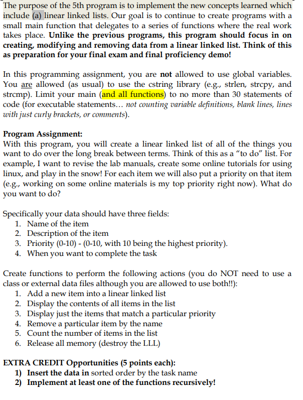 The purpose of the 5th program is to implement the | Chegg.com