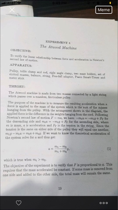 Meme EXPERIMENT 4 The Atwood Machine OBJECTIVE: To | Chegg.com