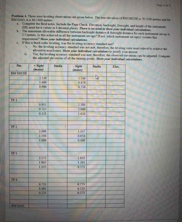Page 2 of 2 Problem 4. Three-wire leveling | Chegg.com