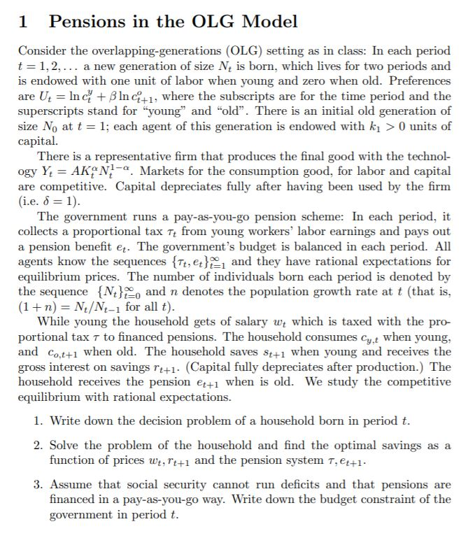 1 Pensions in the OLG Model Consider the | Chegg.com