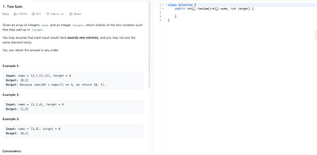 Solved 1. Two Sum 1 2 class Solution { public int[] | Chegg.com